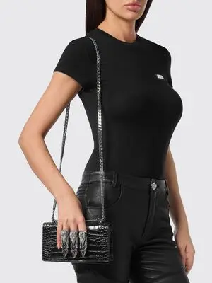 Philipp Plein Crocodile Print Leather Clutch With Rhinestone Ring