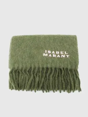Isabel Marant Étoile Firny Embroidered-logo Alpaca Wool-blend Scarf With Fringes Kaki