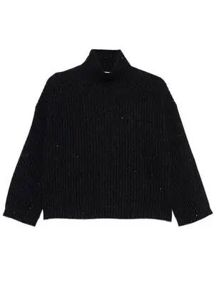 Brunello Cucinelli High Neck Ribbed Cashmere Sweater With Sequins - Blue