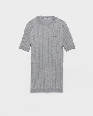 Prada Short-sleeved Ribbed Knit Cotton Sweater - Grey