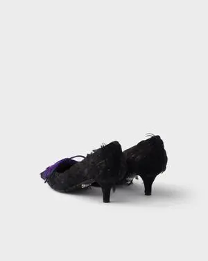 Prada Feather-embellished Satin Pumps - Black