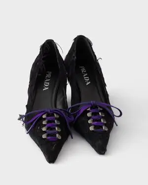 Prada Feather-embellished Satin Pumps - Black