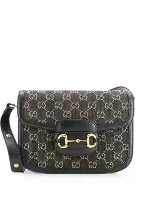 Gucci Horsebit 1955 Gg Denim Small Shoulder Bag - Black