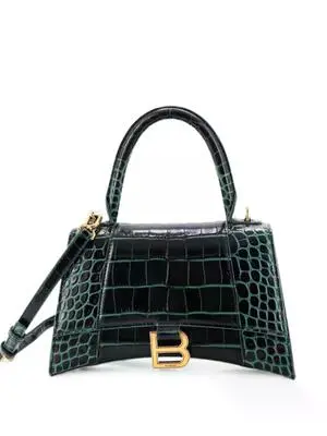 Balenciaga Hourglass Top Handle Bag Crocodile Embossed Leather Small Crossbody Bag - Green