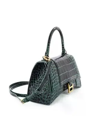 Balenciaga Hourglass Top Handle Bag Crocodile Embossed Leather Small Crossbody Bag - Green