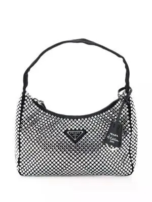Prada Re-edition 2000 Crystal Embellished Satin Mini Hobo Bag - Black