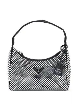 Prada Re-edition 2000 Crystal Embellished Satin Mini Hobo Bag - Black