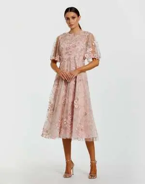 Mac Duggal Petite Flutter Sleeve Embroidered Midi Dress