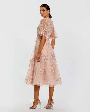 Mac Duggal Petite Flutter Sleeve Embroidered Midi Dress