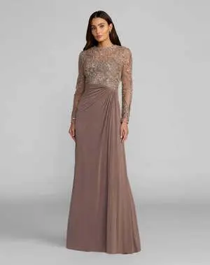 Mac Duggal Petite Embroidered Illusion Long Sleeve Draped Gown - Brown