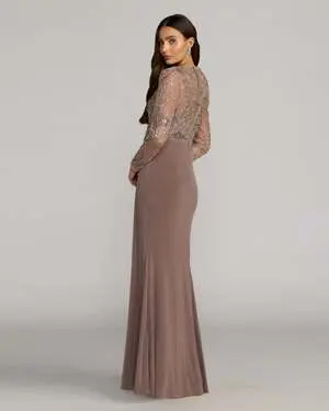 Mac Duggal Petite Embroidered Illusion Long Sleeve Draped Gown