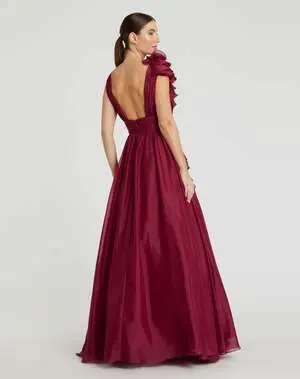 Mac Duggal Petite Chiffon Gown With Ruffled Shoulder - Red