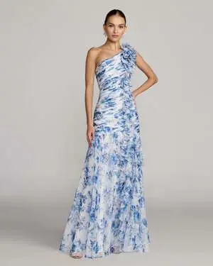 Mac Duggal Petite Ruched Floral Chiffon Gown With 3d Ruffles