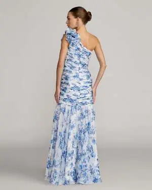 Mac Duggal Petite Ruched Floral Chiffon Gown With 3d Ruffles