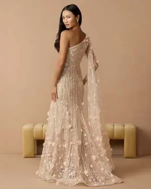 MAC DUGGAL COLLECTION Embellished One Shoulder Gown With Cape Sleeve