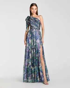 Mac Duggal One Shoulder Floral Printed Chiffon Gown - Lilac Multi
