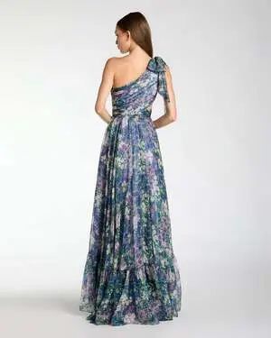 Mac Duggal One Shoulder Floral Printed Chiffon Gown - Lilac Multi