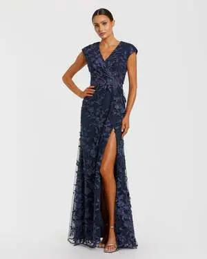 Mac Duggal Petite Faux Wrap Embroidered Cap Sleeve Gown - Navy