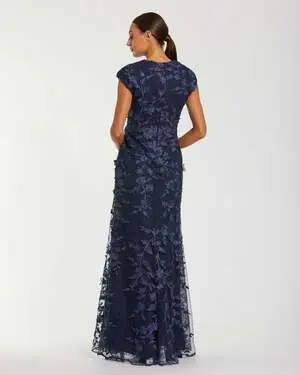 Mac Duggal Petite Faux Wrap Embroidered Cap Sleeve Gown - Navy