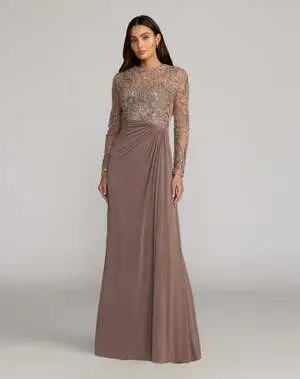 Mac Duggal Embroidered Illusion Long Sleeve Draped Gown - Brown