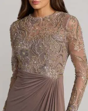 Mac Duggal Embroidered Illusion Long Sleeve Draped Gown