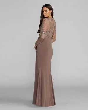 Mac Duggal Embroidered Illusion Long Sleeve Draped Gown