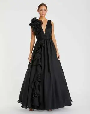 Mac Duggal Petite Ruffle Shoulder V-neck Chiffon Gown