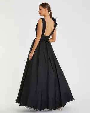Mac Duggal Petite Ruffle Shoulder V-neck Chiffon Gown