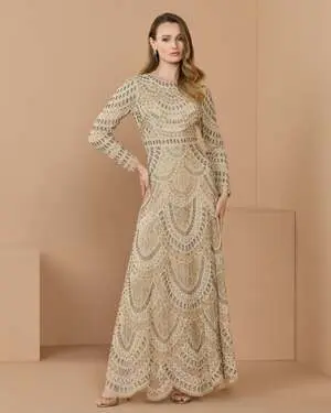 MAC DUGGAL COLLECTION Long Sleeve Hand Beaded A-line Gown