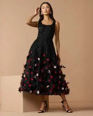 MAC DUGGAL COLLECTION Petite Sleeveless Embellished Midi Dress With 3d Flowers