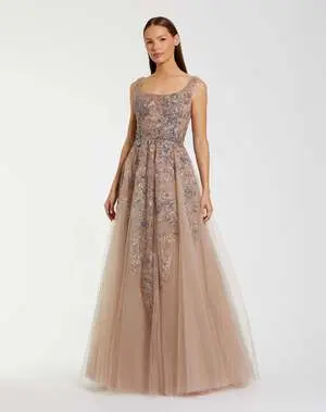 Mac Duggal Brown Hand Embellished Tulle A-line Gown