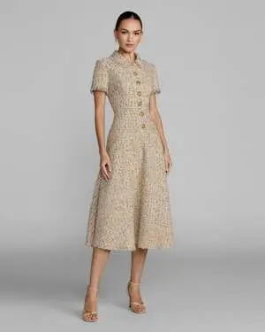 Mac Duggal Beige Boucl Midi Dress With Rhinestone Buttons
