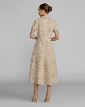 Mac Duggal Beige Boucl Midi Dress With Rhinestone Buttons