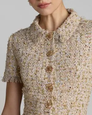 Mac Duggal Beige Boucl Midi Dress With Rhinestone Buttons