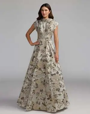 Mac Duggal Floral Brocade Cap Sleeve Ball Gown