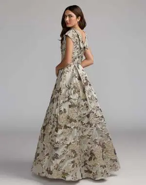 Mac Duggal Floral Brocade Cap Sleeve Ball Gown