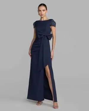 Mac Duggal Beaded Cap Sleeve Crepe Gown With Oversized Bow And Slit