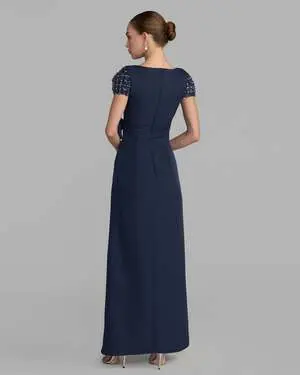 Mac Duggal Beaded Cap Sleeve Crepe Gown With Oversized Bow And Slit
