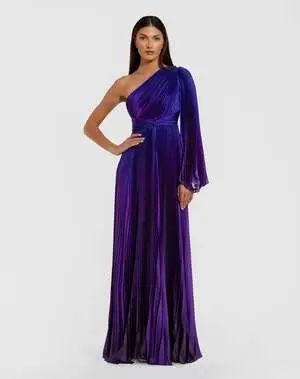 Mac Duggal Petite Pleated Charmeuse One Shoulder Ombre Gown - Purple