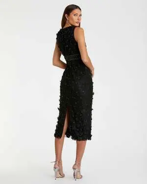 Mac Duggal Petite Floral Applique Sleeveless Midi Dress - Black