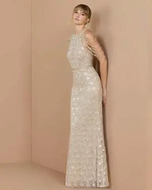 MAC DUGGAL COLLECTION Petite Ivory Draped Pearl Embellished Column Gown - Neutral
