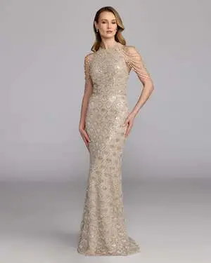 MAC DUGGAL COLLECTION Petite Ivory Draped Pearl Embellished Column Gown