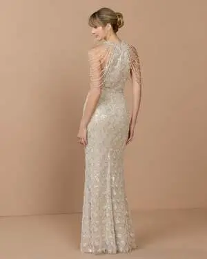 MAC DUGGAL COLLECTION Petite Ivory Draped Pearl Embellished Column Gown