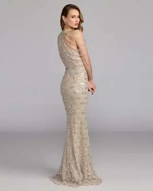 MAC DUGGAL COLLECTION Petite Ivory Draped Pearl Embellished Column Gown