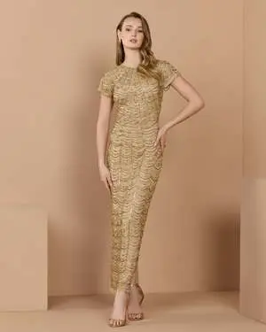 MAC DUGGAL COLLECTION Beaded Cap Sleeve Column Gown - Gold