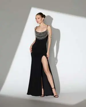 Mac Duggal Beaded Jersey Scoop Back Gown With Slit