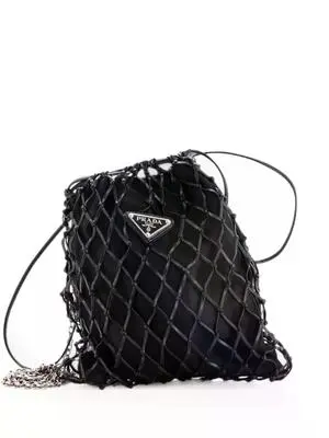 Prada Fishnet Chain Crossbody Bag Woven Leather And Satin Bucket Bag - Black