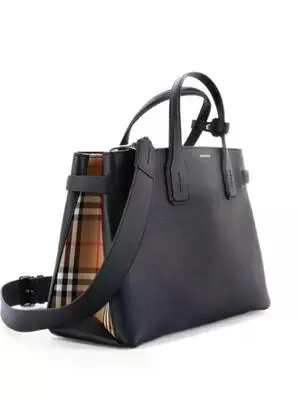 Burberry Banner Nm Leather With Vintage Check Canvas Medium Tote Bag - Black