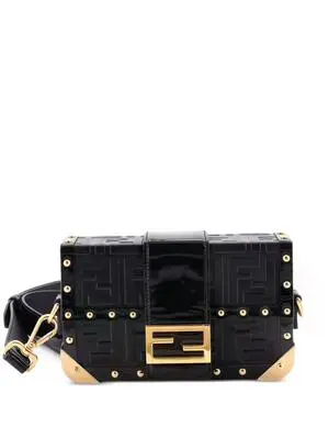 Fendi Baguette Trunk Bag Zucca Embossed Leather Mini Crossbody Bag - Black