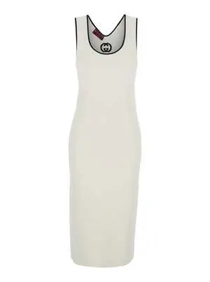 Gucci White Long Dress With Round Neck And Gg Embroidery On The Back In Viscose Blend - Multicolor